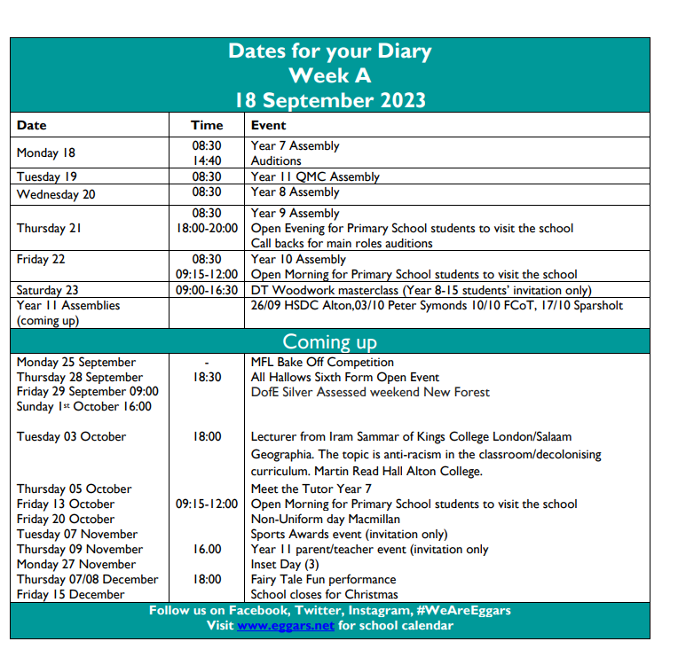 Eggar’s School - Weekly Dates For Your Diary