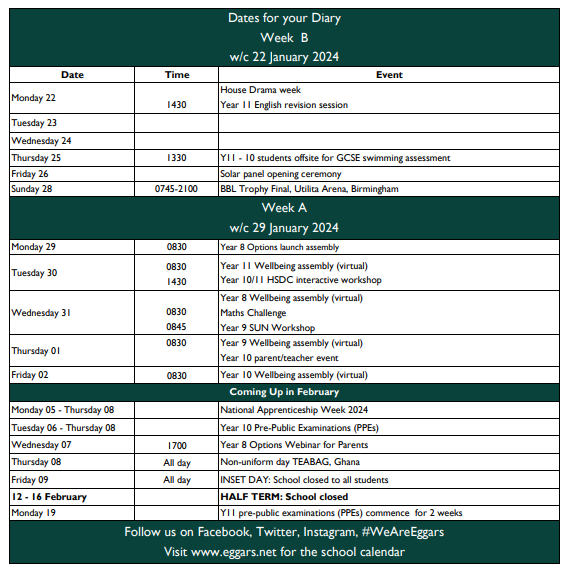 Eggar’s School - Weekly Dates For Your Diary