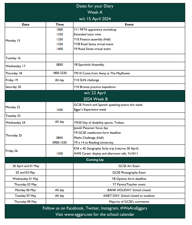 Eggar’s School - Weekly Dates For Your Diary